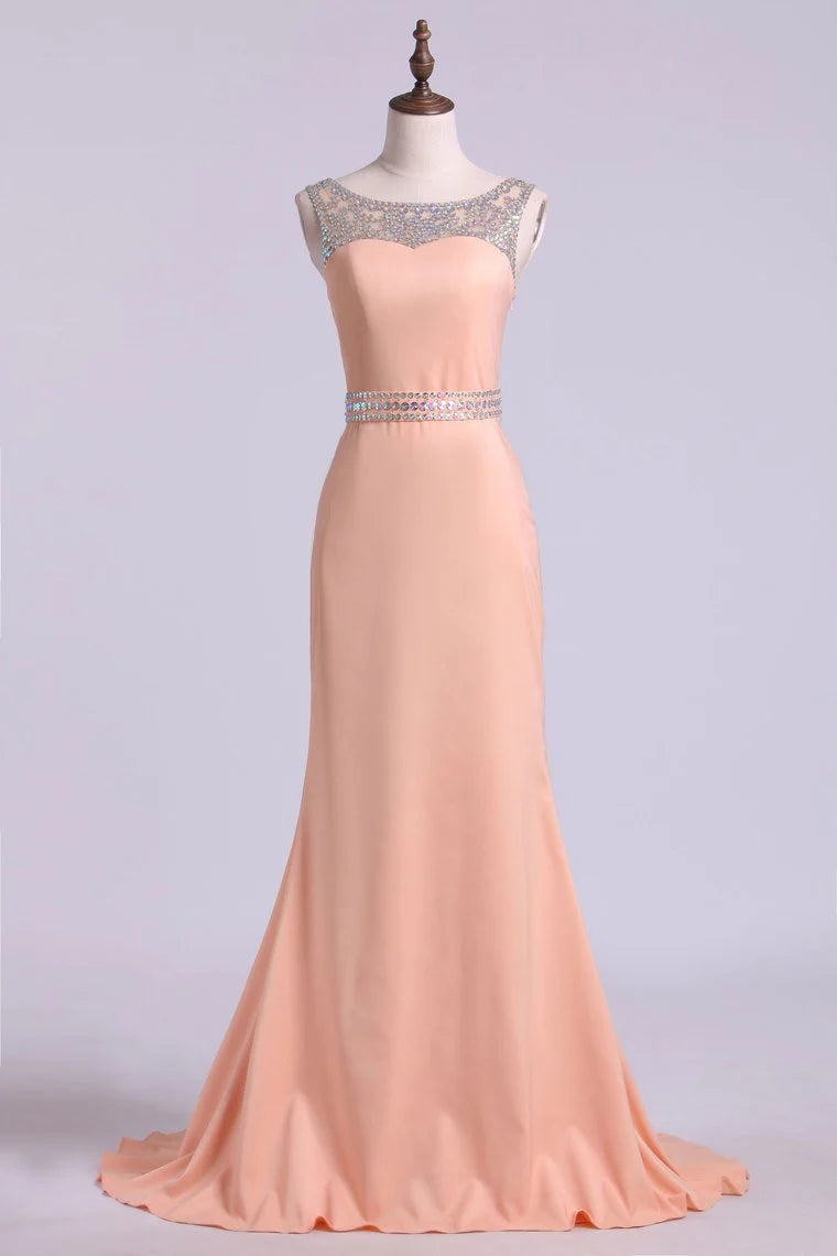 Party Dresses Scoop Column Sweep Train Elastic Satin With Beads – beaira