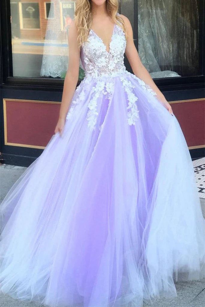 V Neck Lavender Prom Dresses With 3D Floral Appliques Princess Evening ...